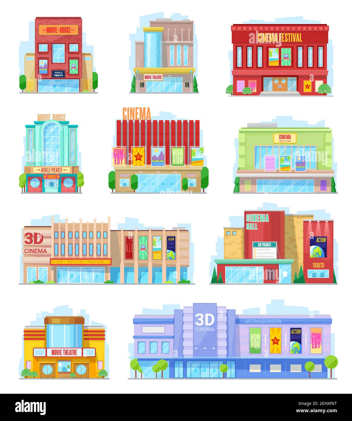City buildings, cinema or movie theater. Vector facades, construction ...