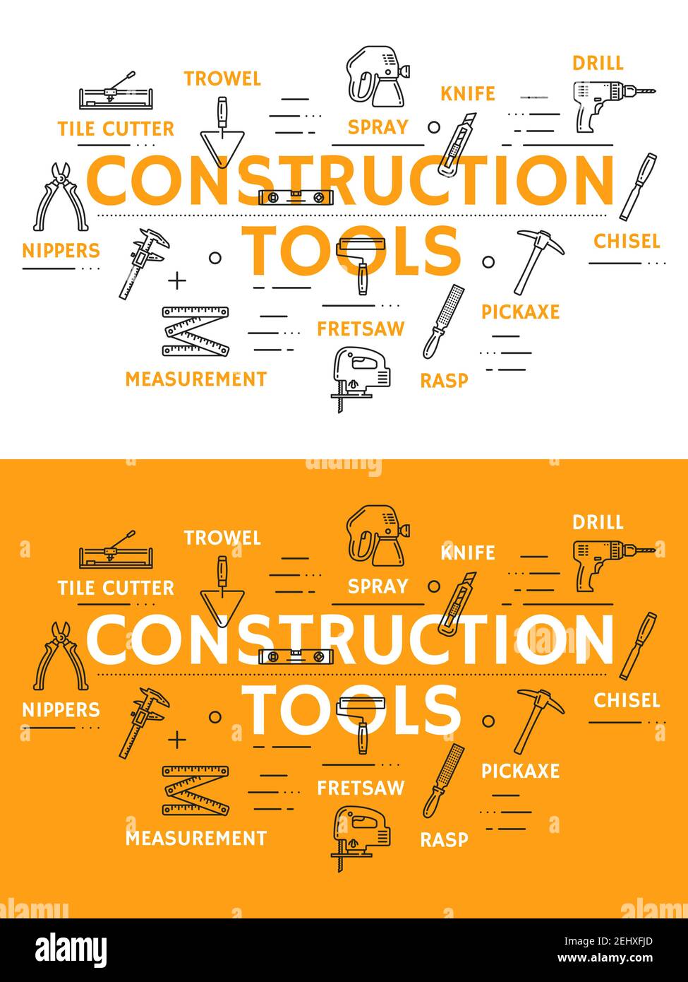 Construction tools line art posters with outline icons. Tile cutter and ...