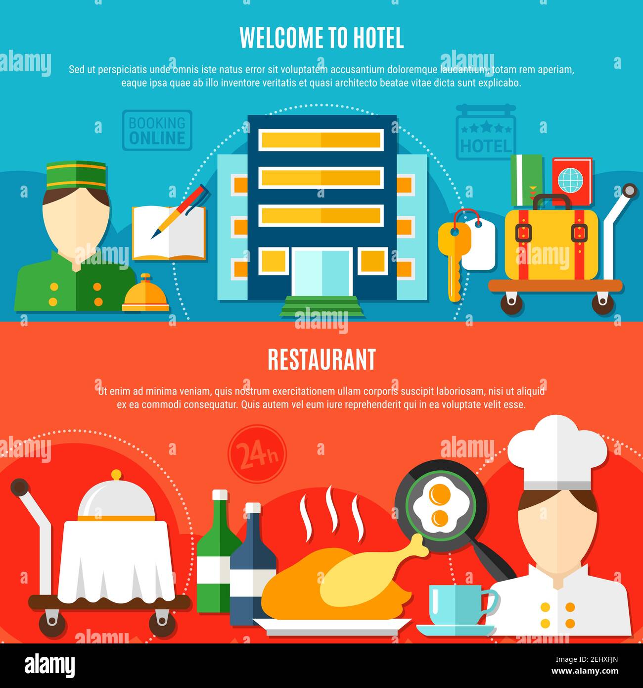 Two hotel banners with invitation to visit hotel and elements of ...