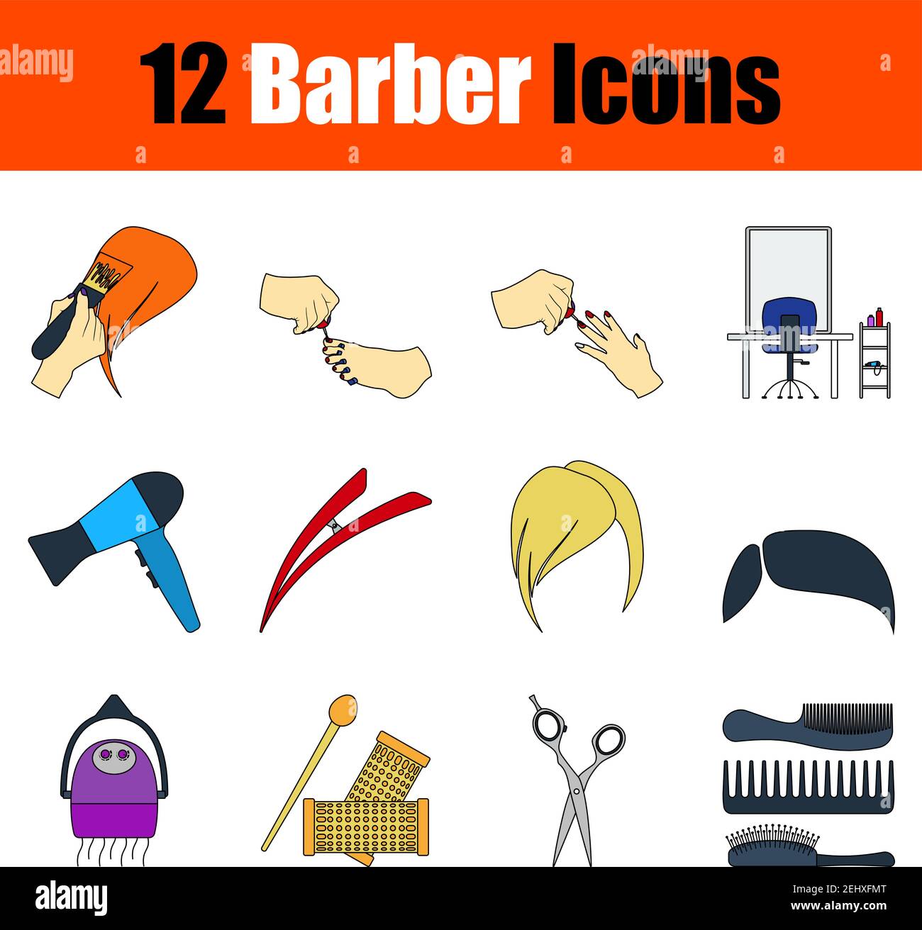 Barber Icon Set. Flat Color Outline Design With Editable Stroke. Vector ...