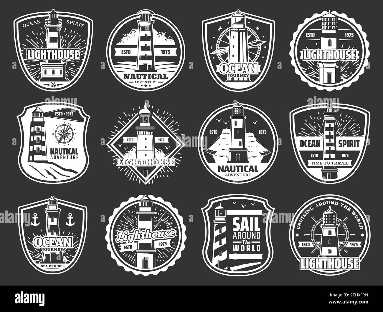 Nautical lighthouse, beacon and marine compass winds rose icons. Vector ...
