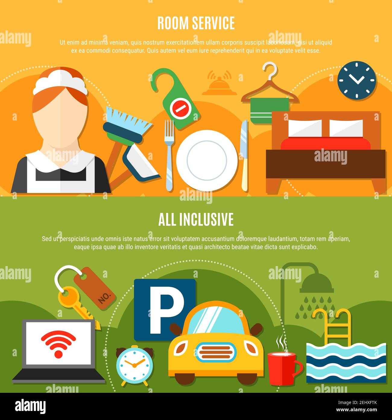 Hotel service horizontal banners with room service and all inclusive ...