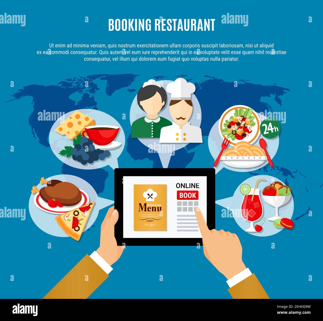 Man reading menu and booking restaurant online flat vector illustration ...