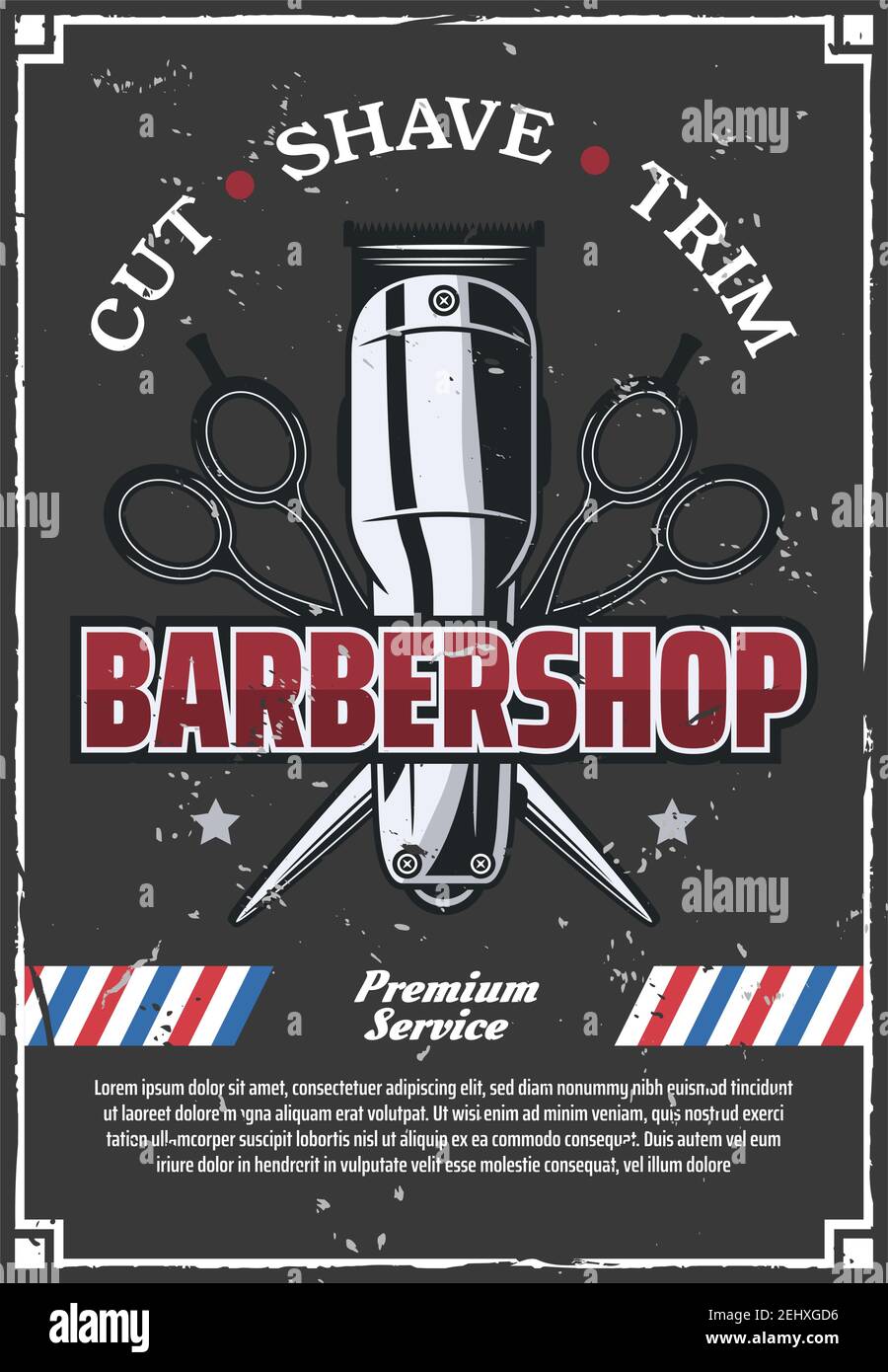 Male salon barbershop retro poster with tools to trim, shave and cut ...
