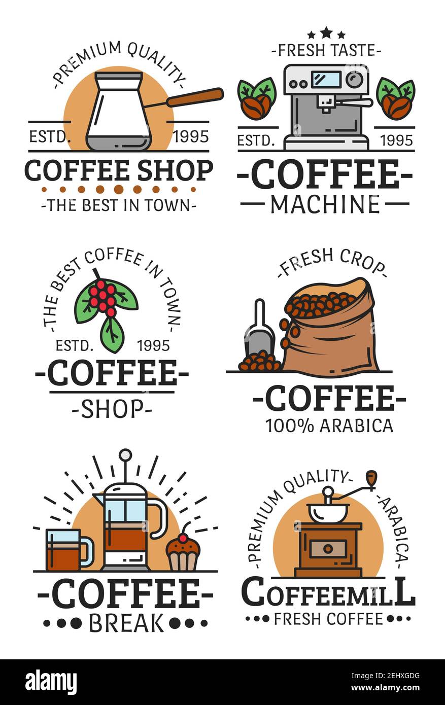 Coffee shop, cafe and coffehouse icons or emblems. Vector coffee ...