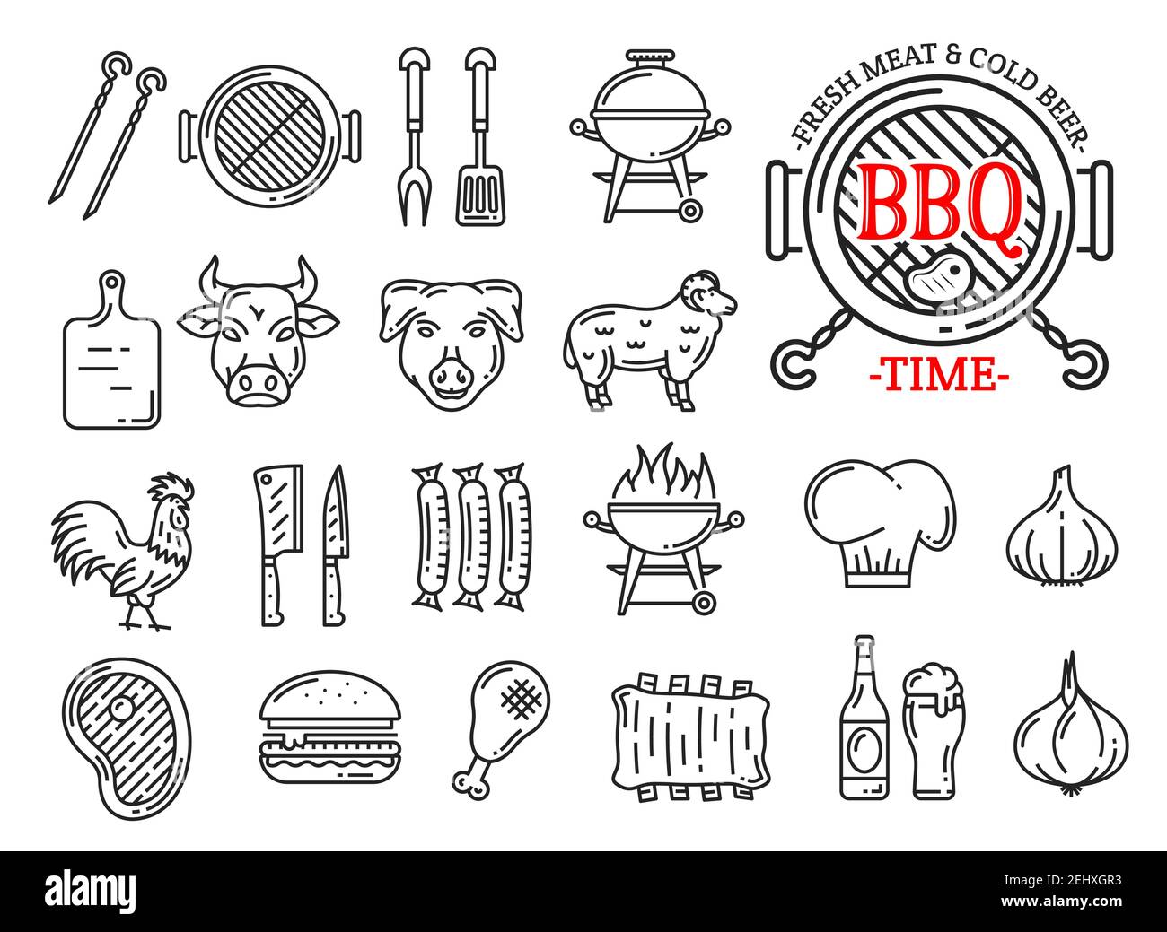 Barbecue restaurant, steak house or sausage grill bar and menu line ...
