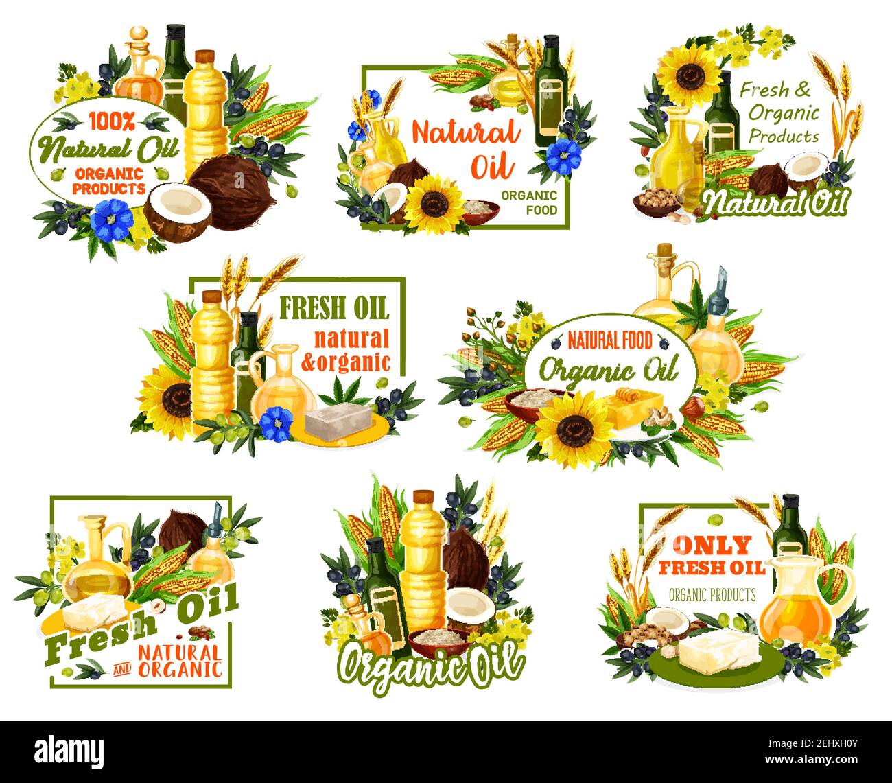 Natural vegetable oils of sunflower, olive and nuts, vector posters ...