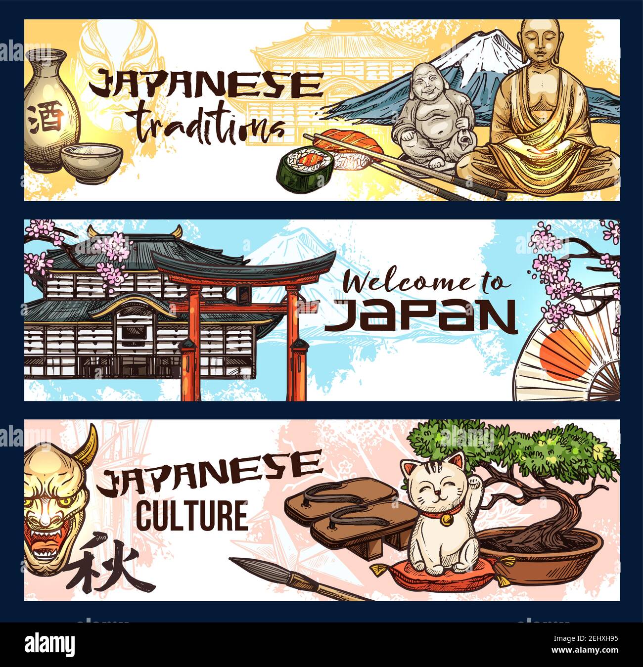 Japanese religion and culture symbols, welcome to travel, vector design ...