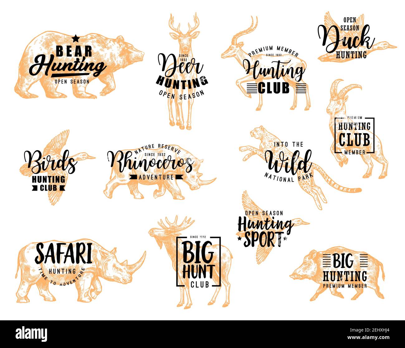 Hunting club lettering, wild birds and animals hunt sketch icons ...