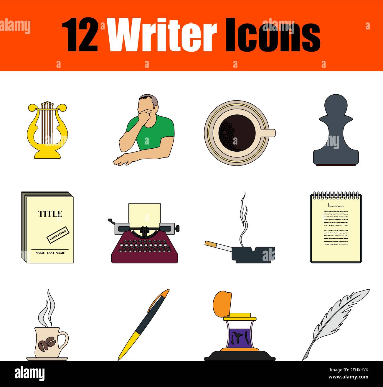 Writer Icon Set. Flat Color Outline Design With Editable Stroke. Vector ...