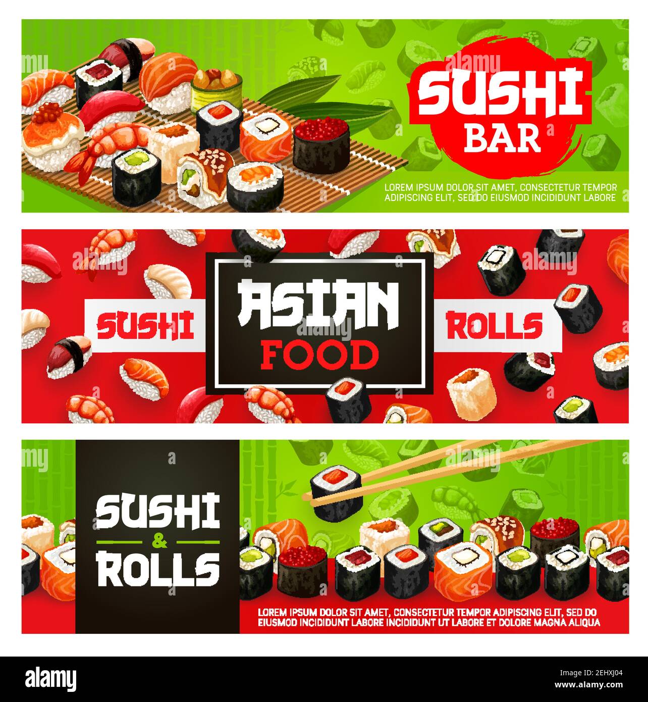 Sushi bar menu banners of sushi rolls, sashimi and maki. Vector ...