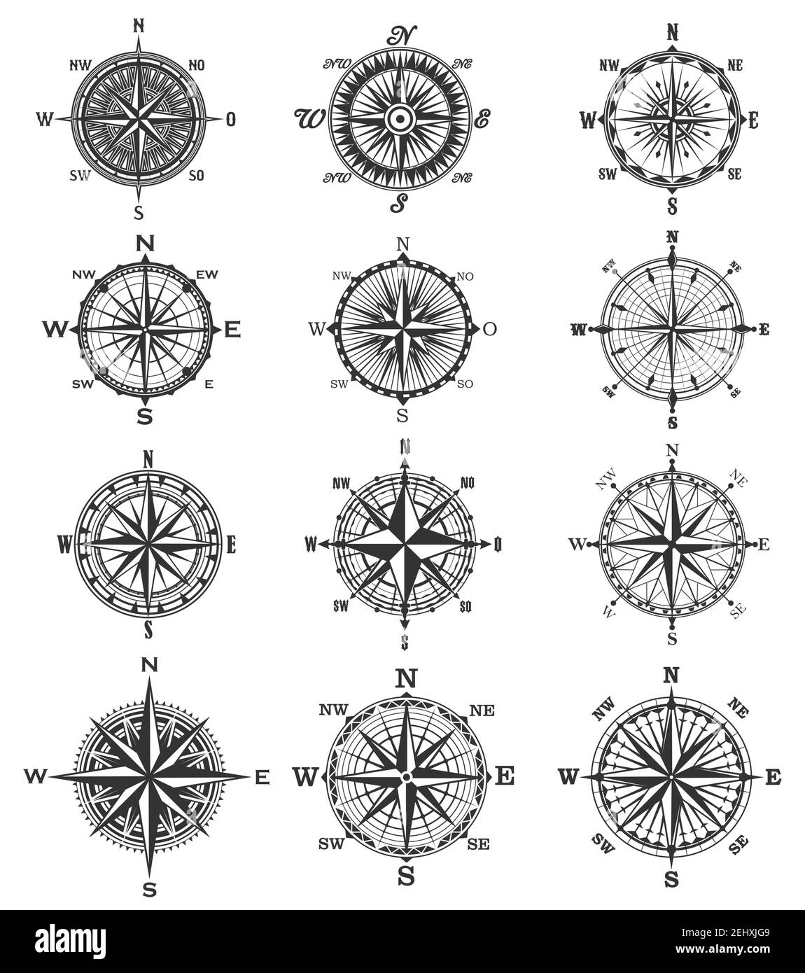 Compass symbols and signs, isolated vector marine navigation elements ...