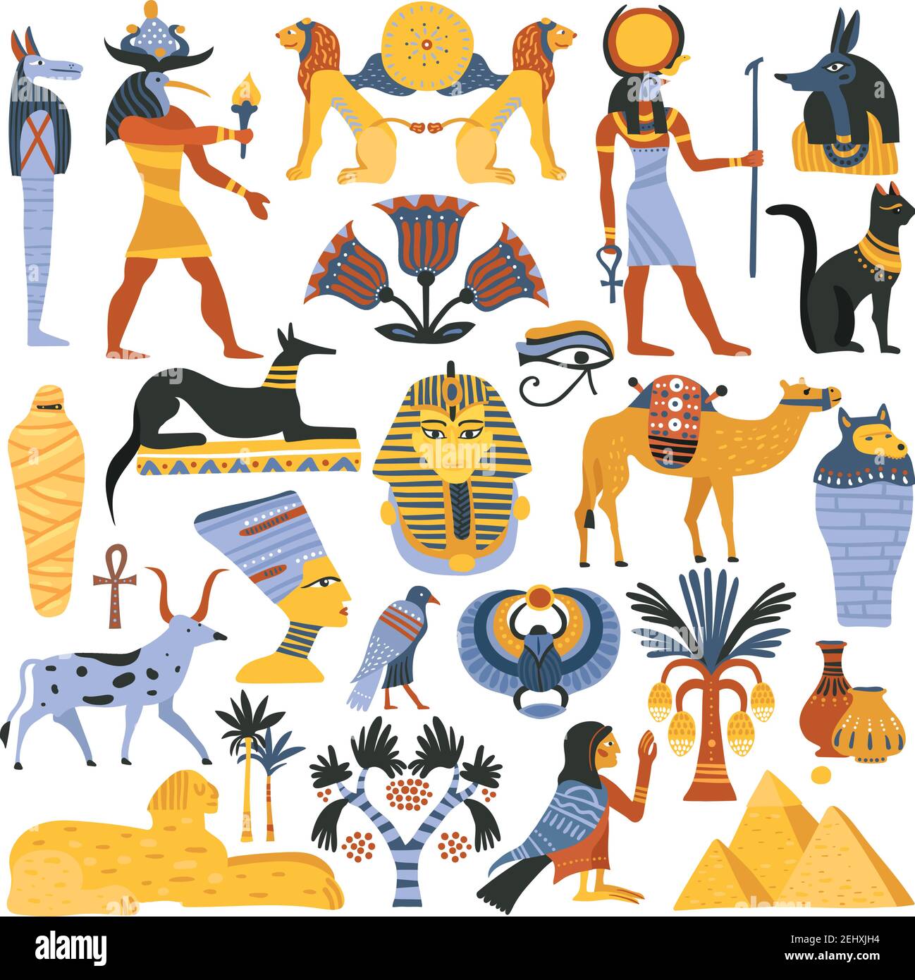 Set of ancient egyptian religion elements including gods, eye of ra ...