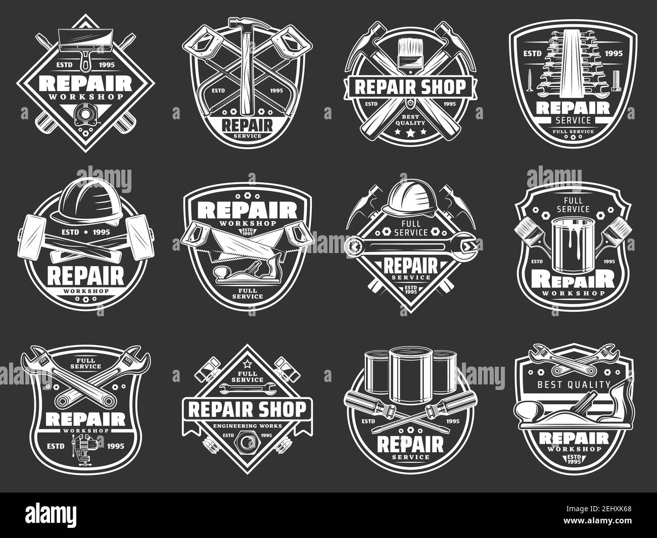 Construction and repair tools retro badges. Hammer, wrench, saw and ...