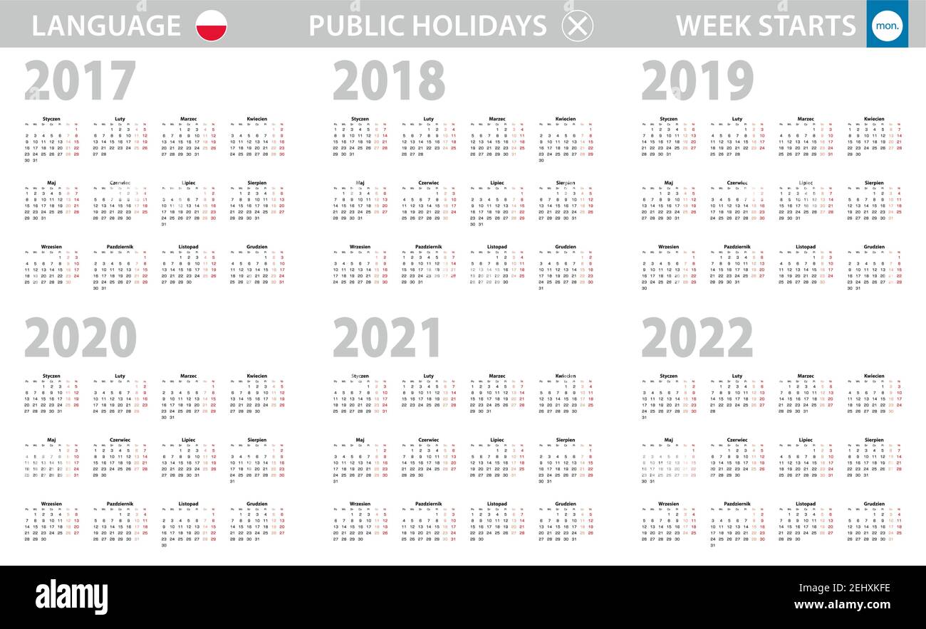 Calendar in Polish language for year 2017, 2018, 2019, 2020, 2021, 2022 ...
