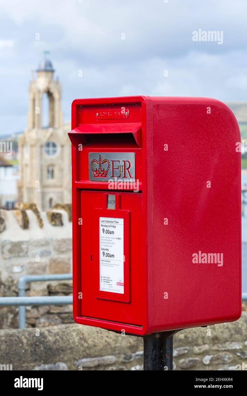 Red postbox mail post box with ER logo at Swanage, Dorset UK in ...