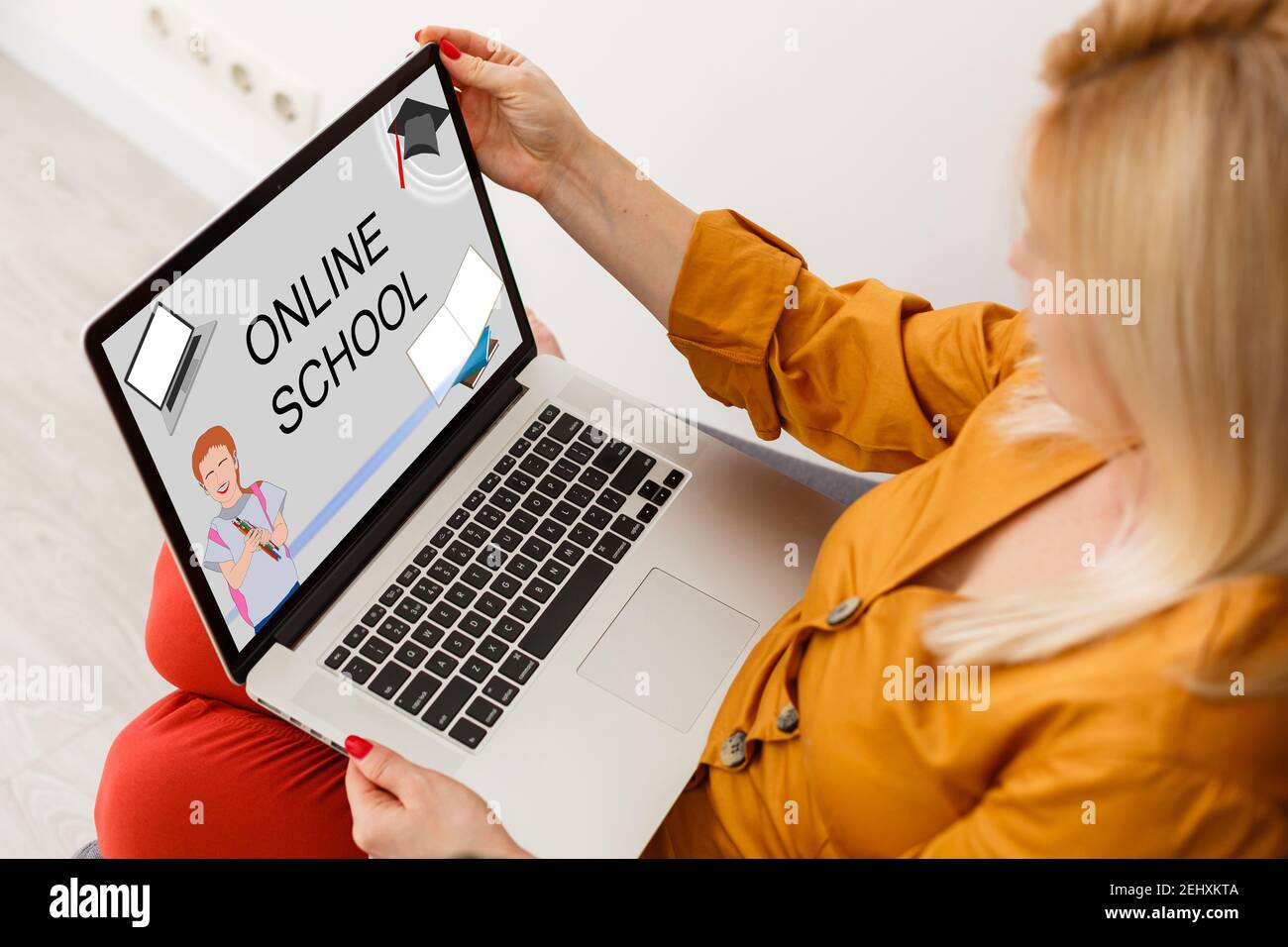 e-learning concept: online school on a laptop screen. Screen graphics ...