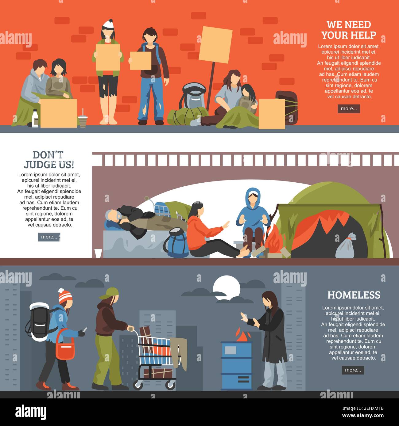 Three horizontal homeless people horizontal banner set we need your ...