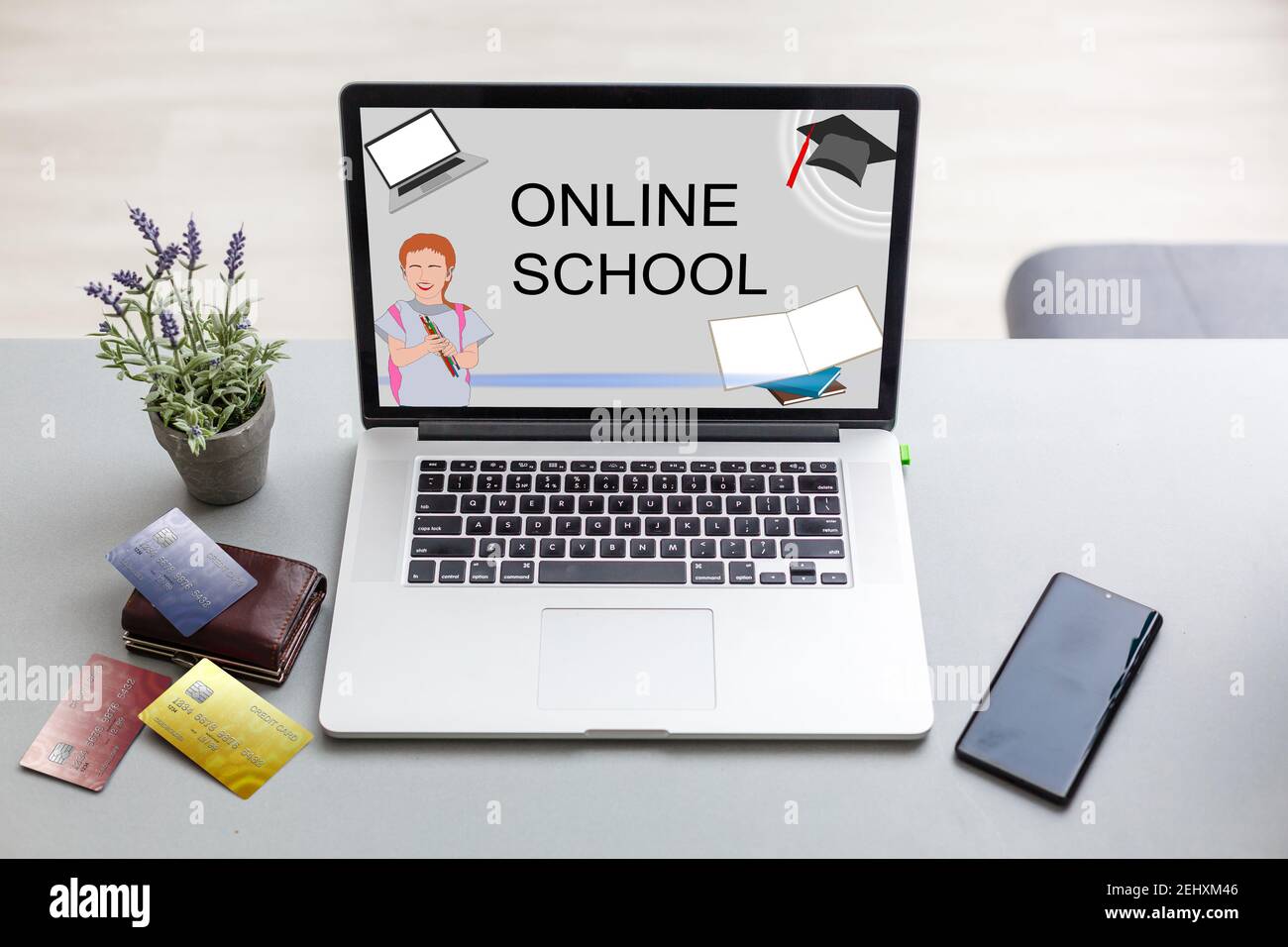 e-learning concept: online school on a laptop screen. Screen graphics ...