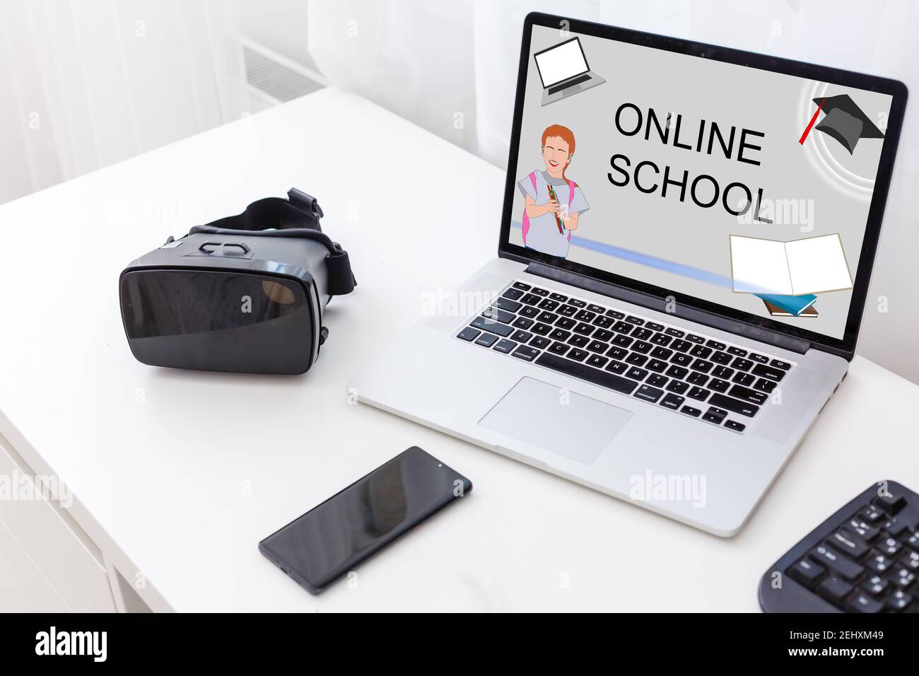 e-learning concept: online school on a laptop screen. Screen graphics ...