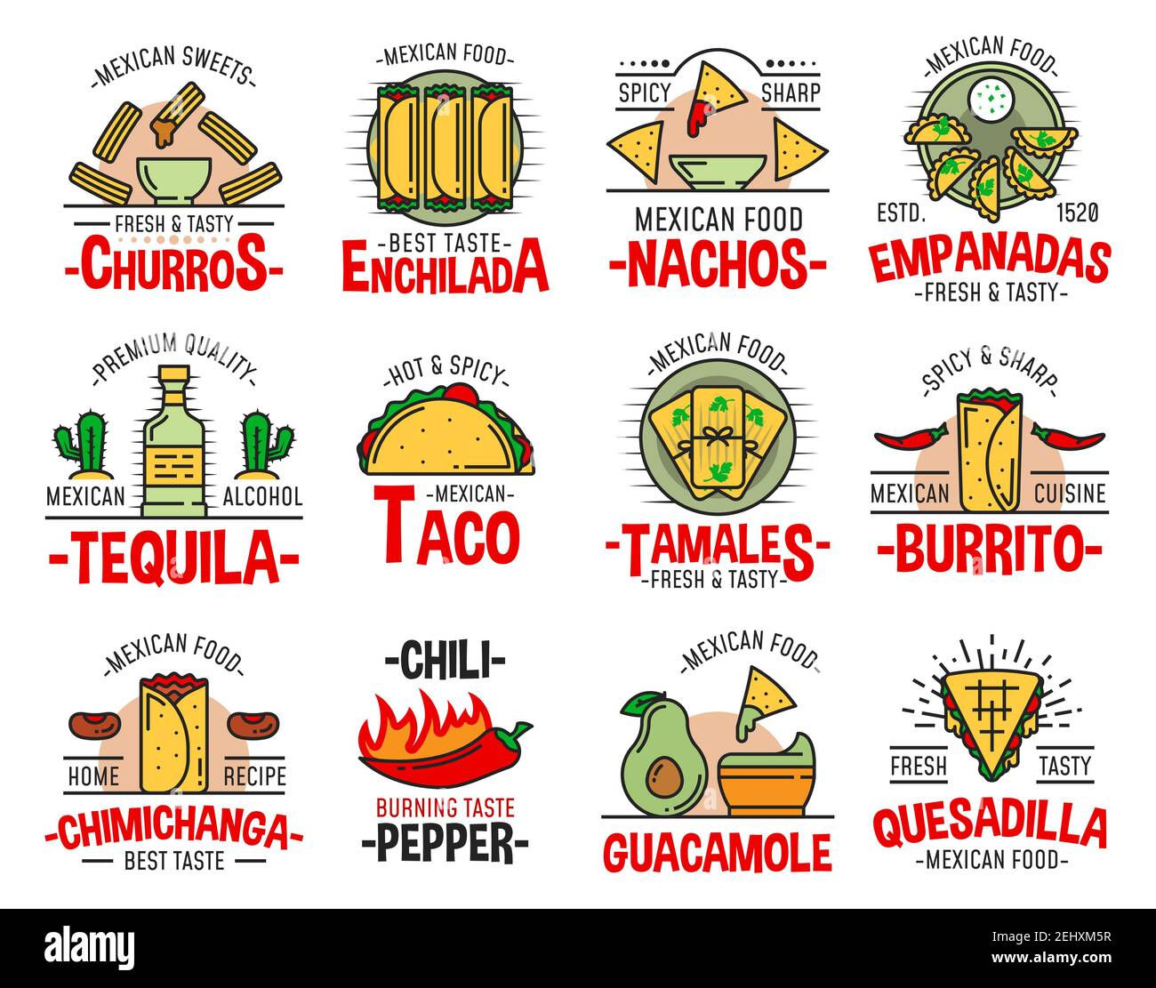 Mexican food icons with fast food burrito, nachos and avocado guacamole ...