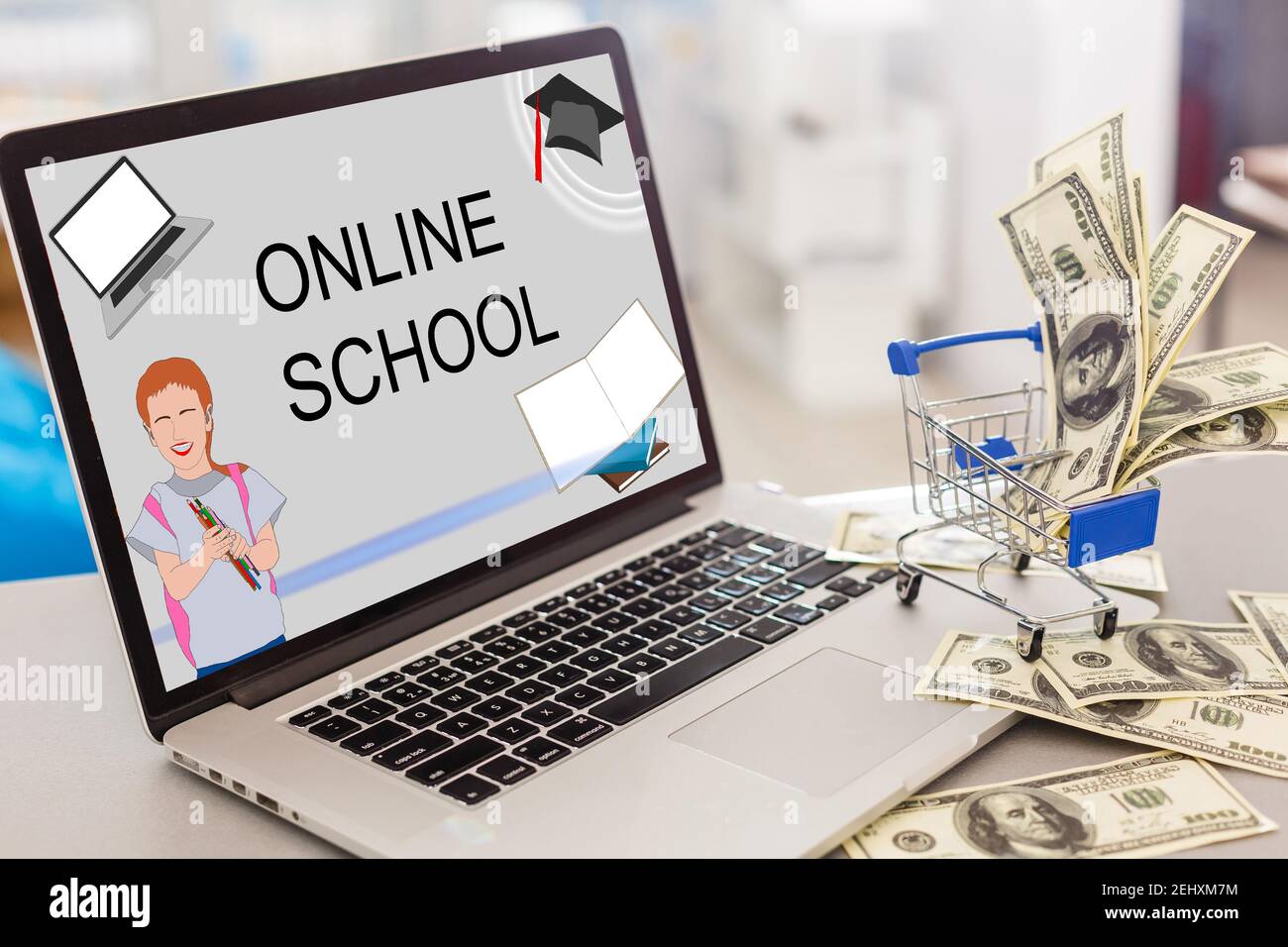 e-learning concept: online school on a laptop screen. Screen graphics ...