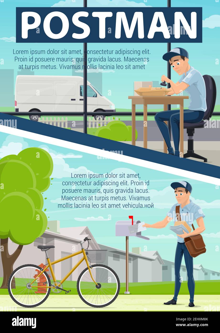 Post office and mail delivery poster with postman at work. Parcels or letters sorting and ...