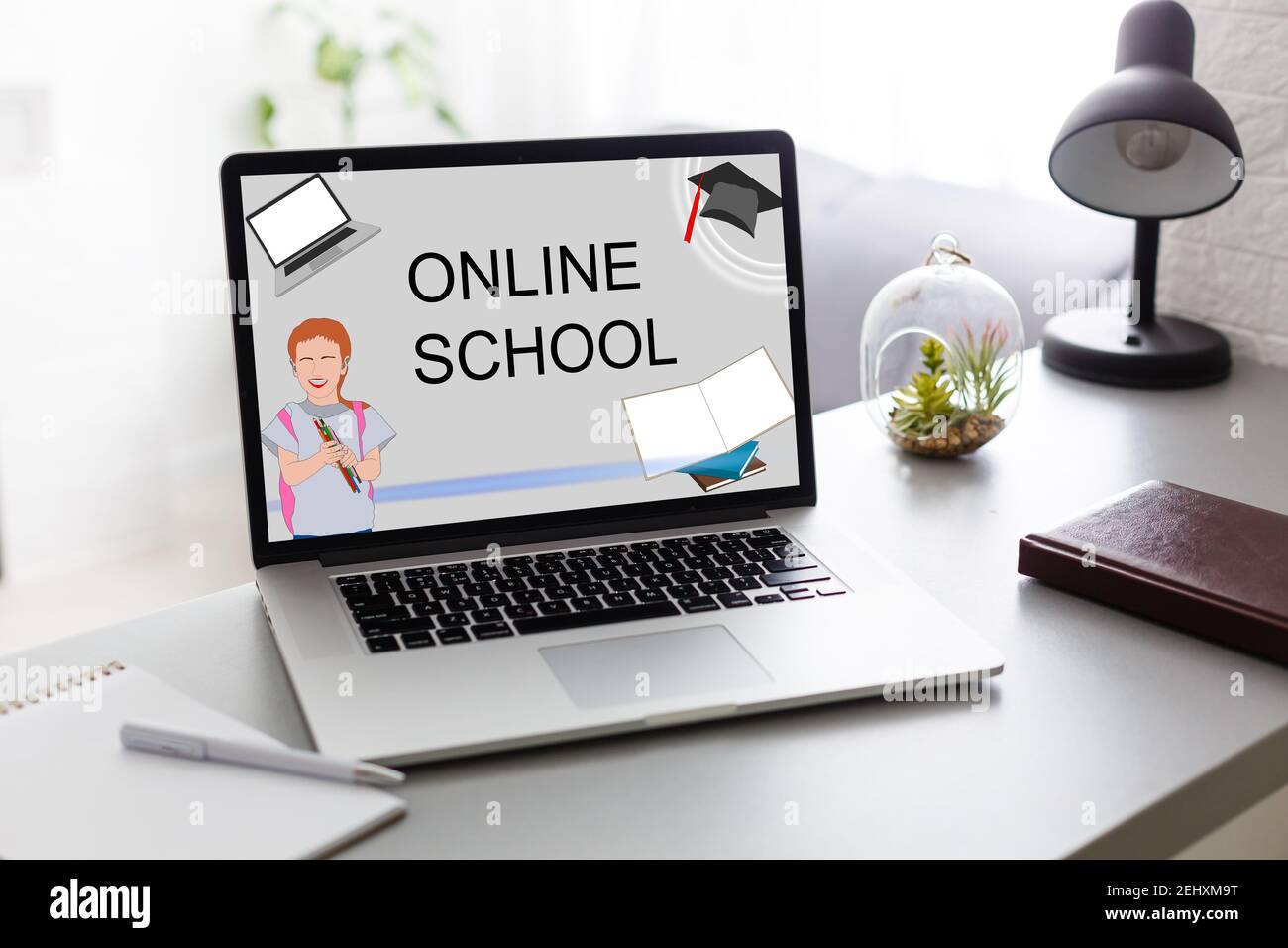 e-learning concept: online school on a laptop screen. Screen graphics ...