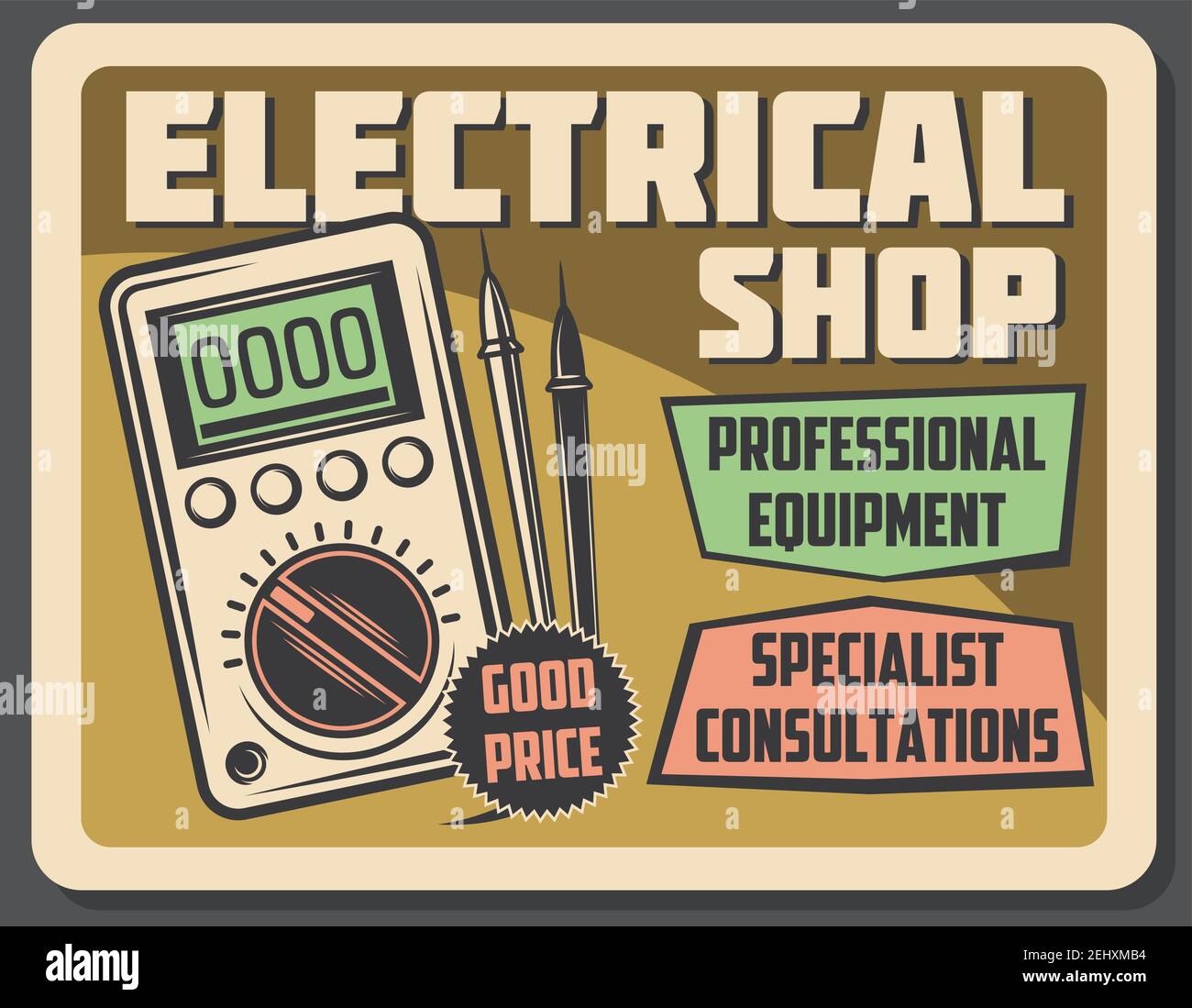 Electrical shop retro vector poster, voltmeter device of voltage ...