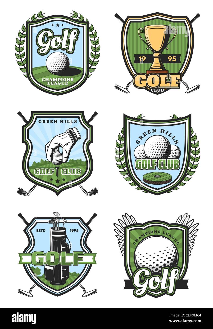 Golf sport heraldic icons and symbols with crossed sticks and ball ...