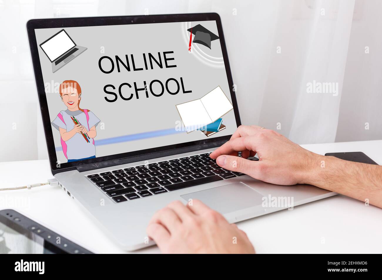 e-learning concept: online school on a laptop screen. Screen graphics ...