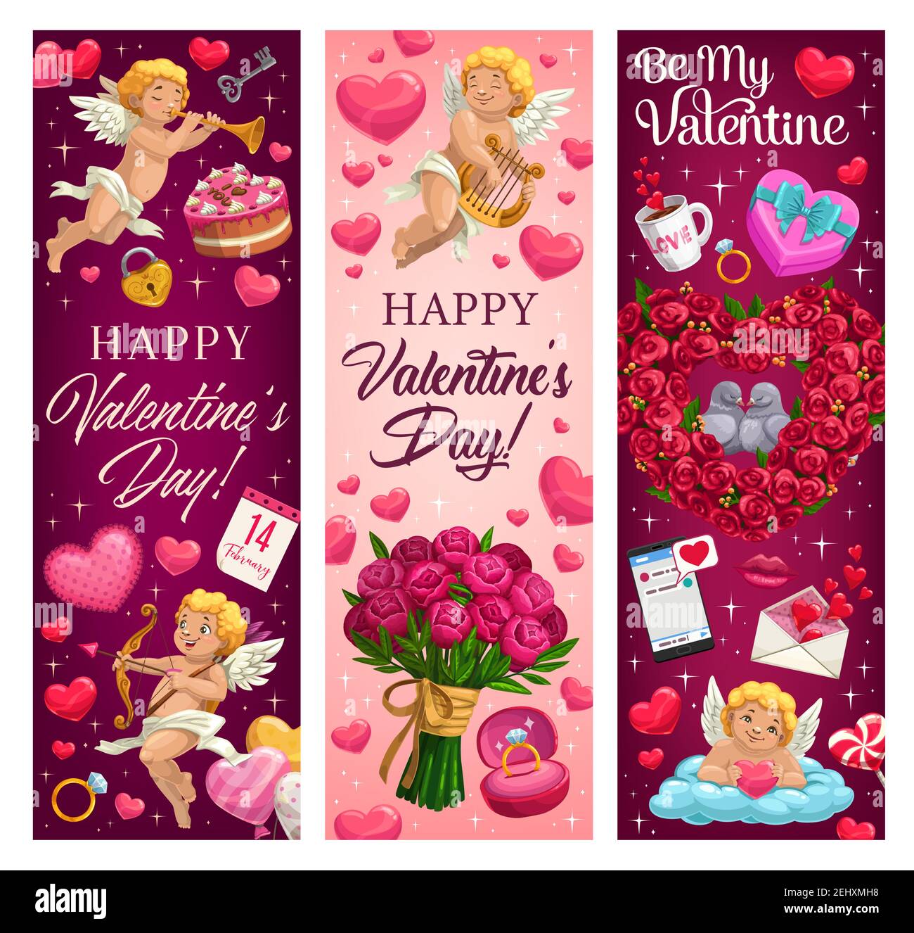 Happy Valentines Day romantic holiday vector greeting banners with ...