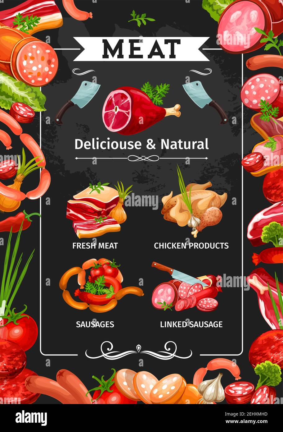 Meat products, sausages and delicatessen food frame on blackboard ...