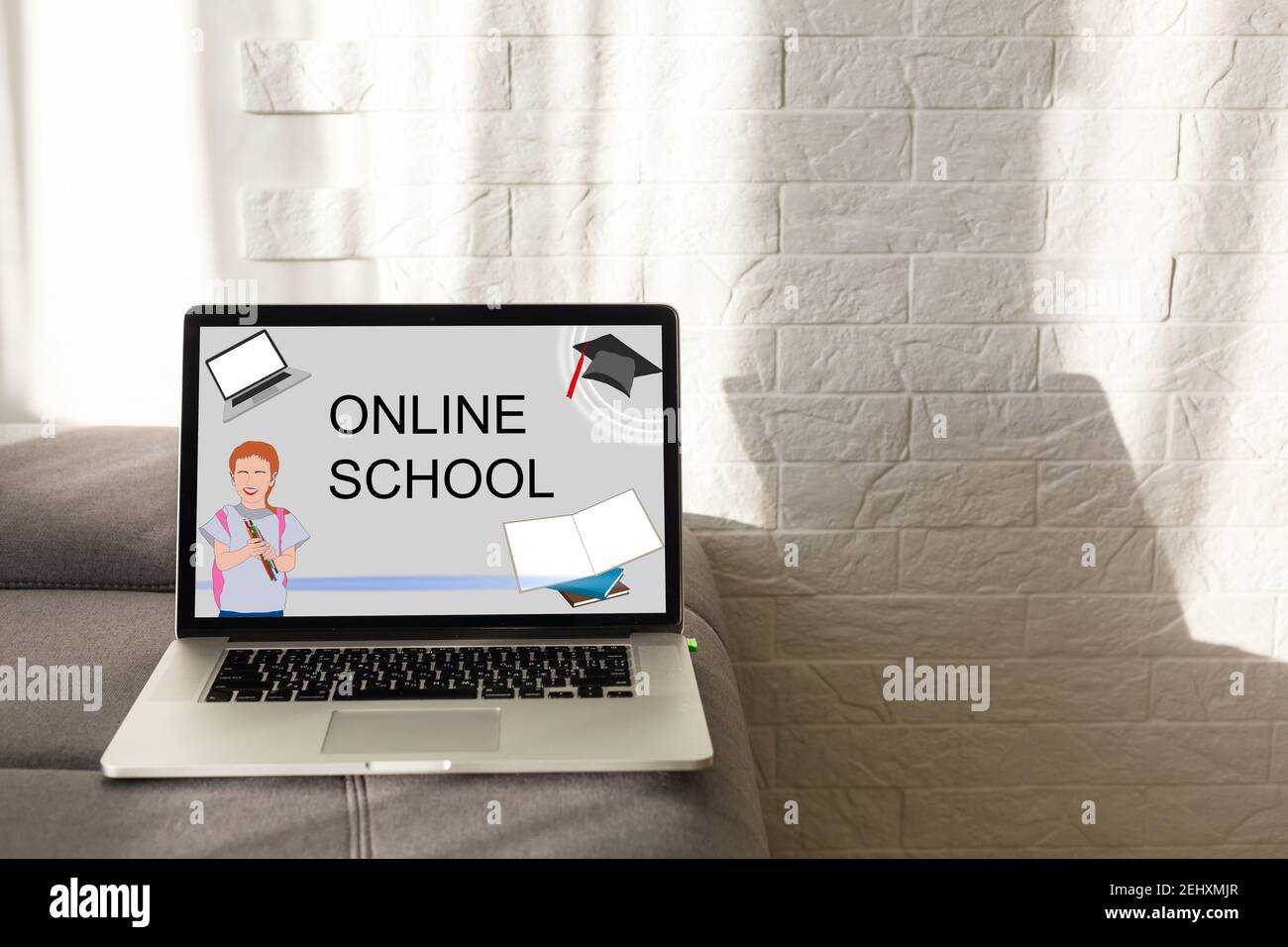 e-learning concept: online school on a laptop screen. Screen graphics ...