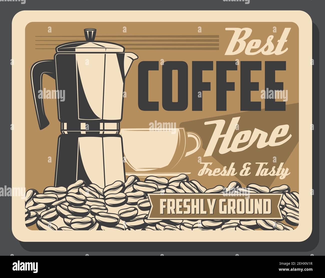 Cafe or cafeteria retro poster with coffee machine and beans with cup ...
