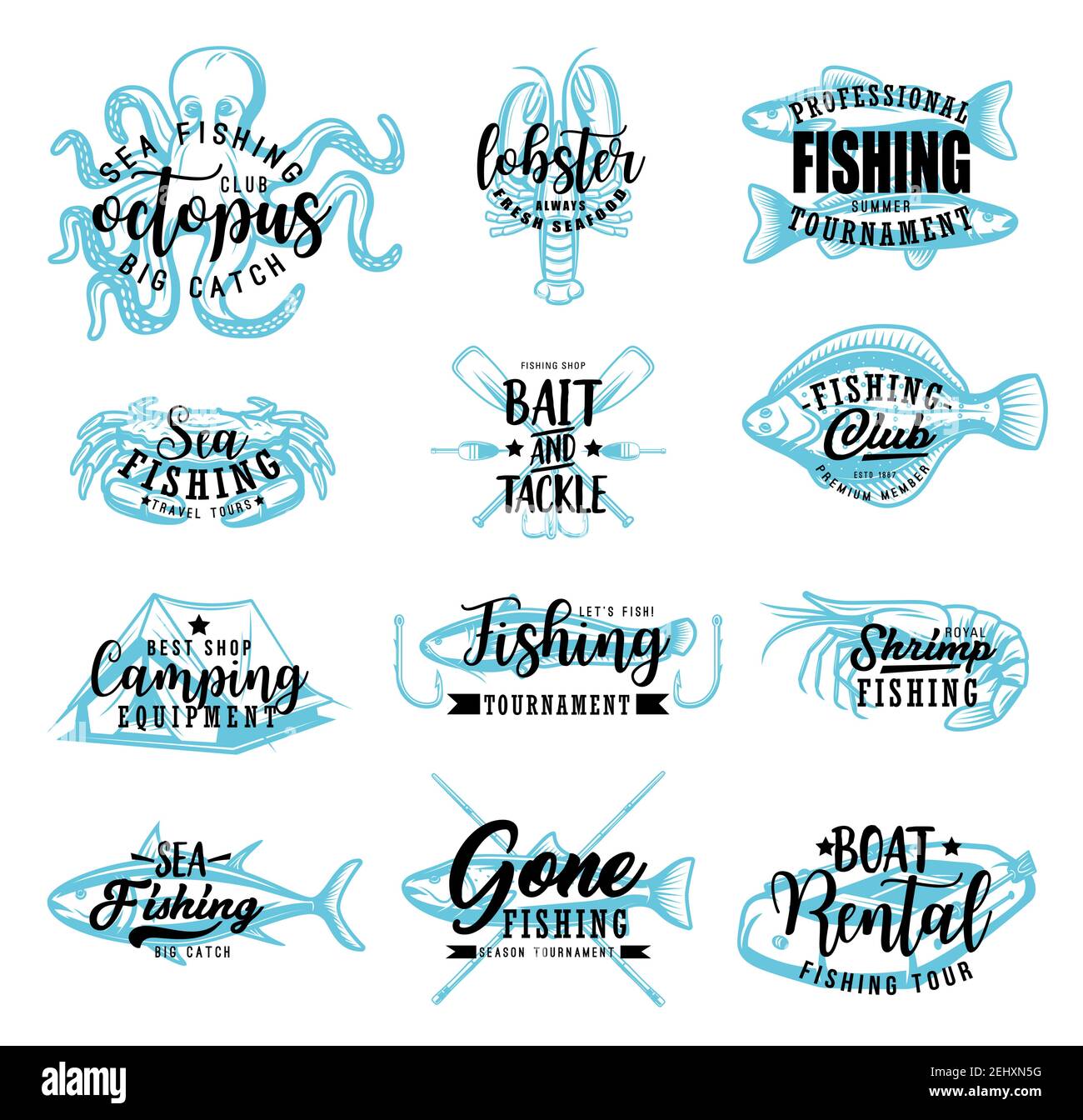 Sea fishing or fisherman club sketch lettering icons. Vector fisher ...