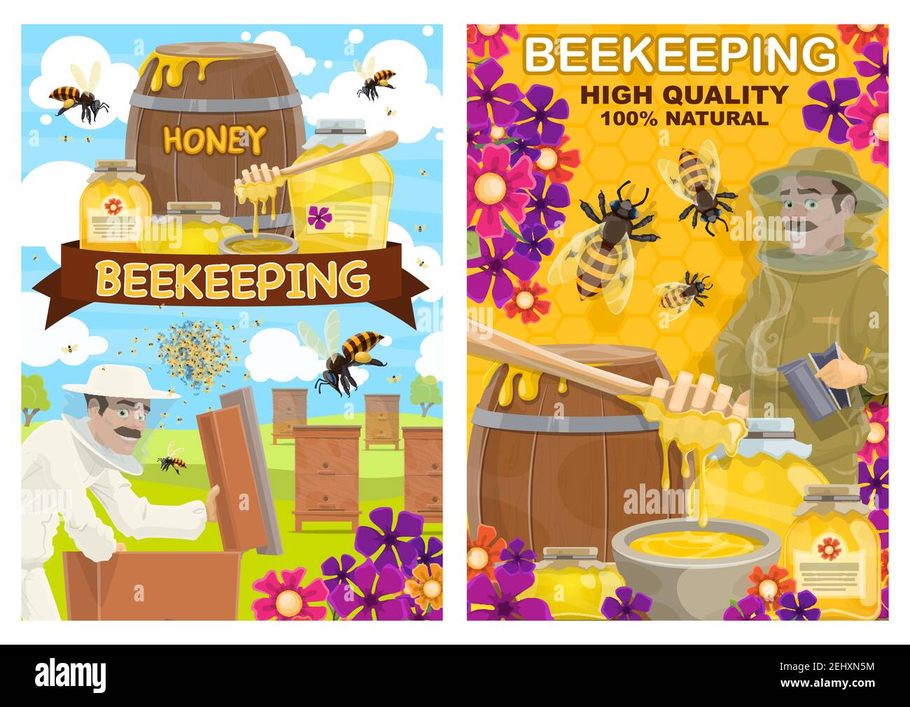 Beekeeper with honeycomb in beehive at apiary, vector. Mustached ...