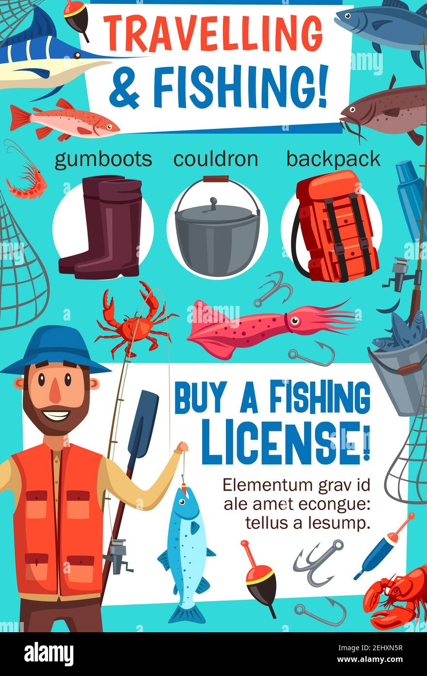 Traveling and sea fishing, fisherman, fish and tackles equipment ...