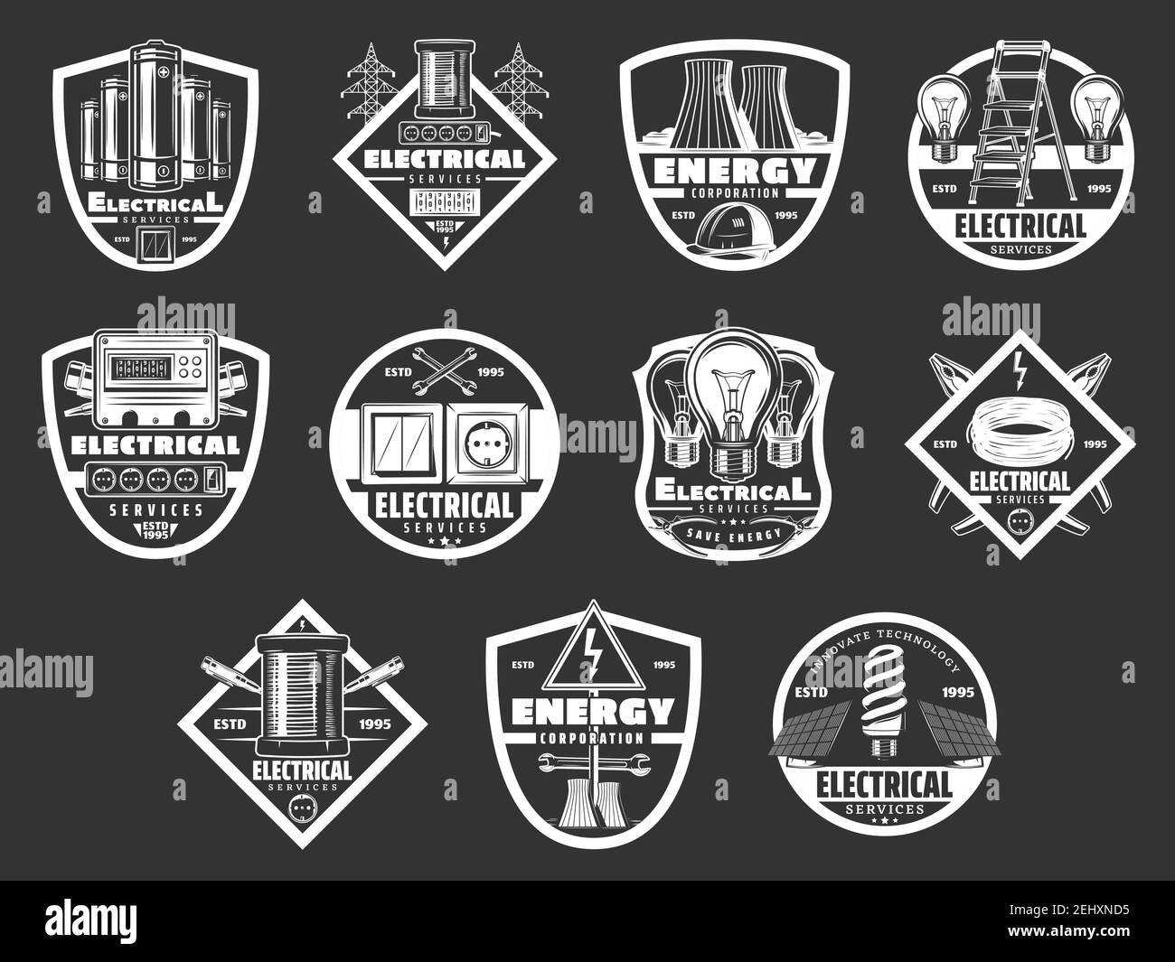 Electricity industry and energy power icons. Vector electrical service ...