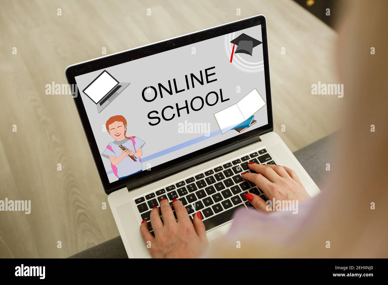 e-learning concept: online school on a laptop screen. Screen graphics ...