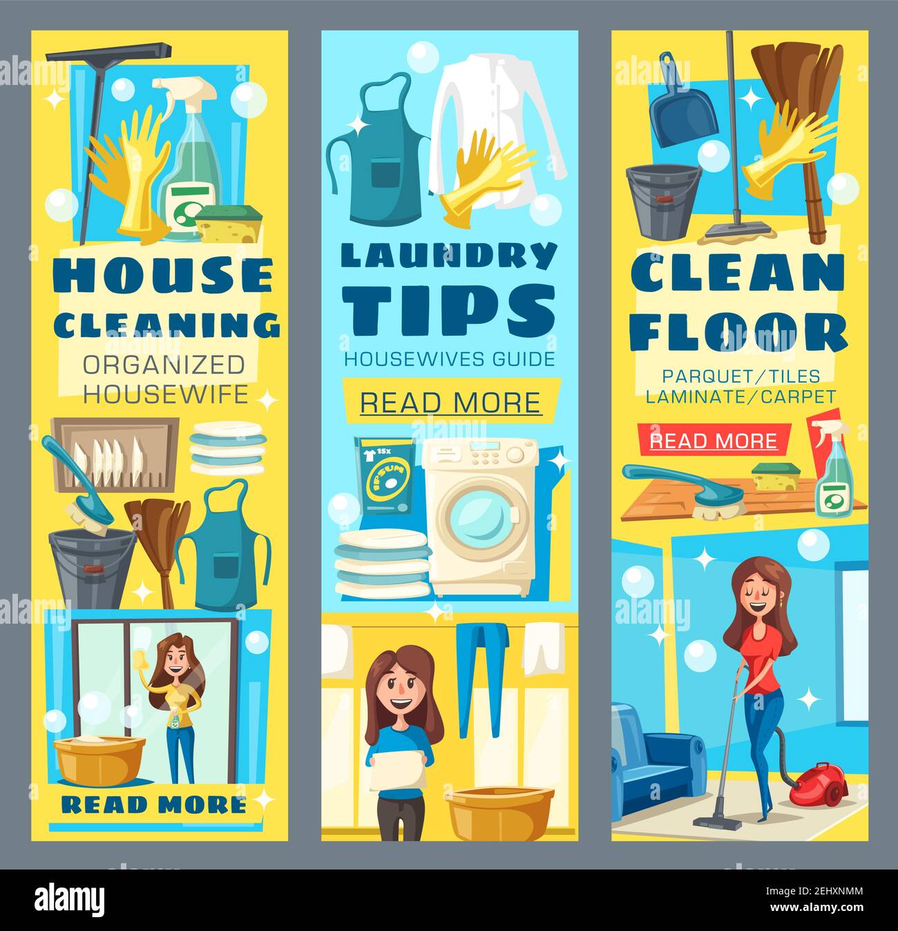 Home work service vector posters, cleaning, washing and laundry ...