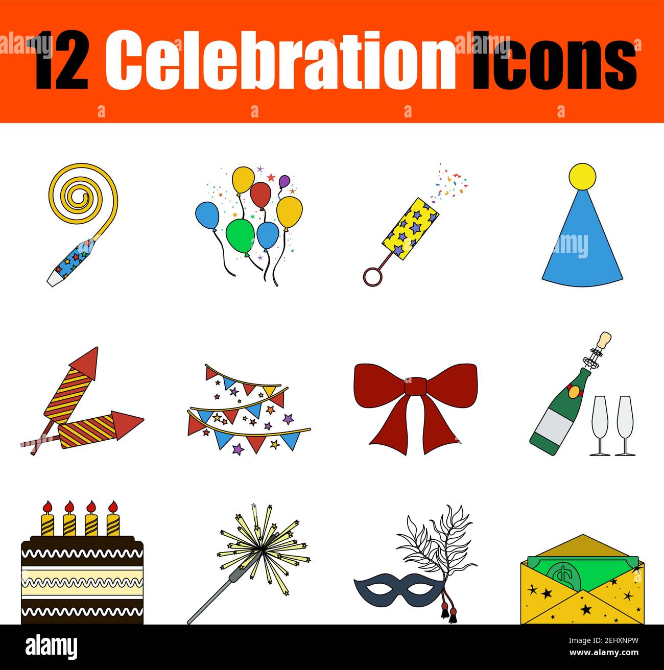 Celebration Icon Set. Flat Color Outline Design With Editable Stroke ...