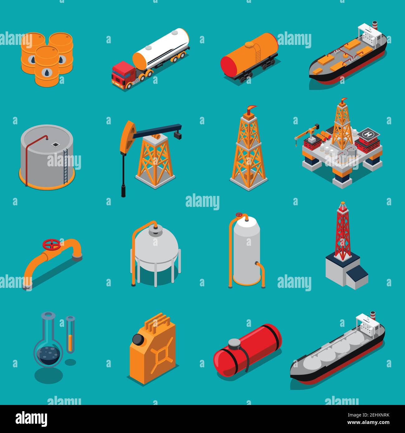 Isometric set with oil production and refinery, gas extraction and ...