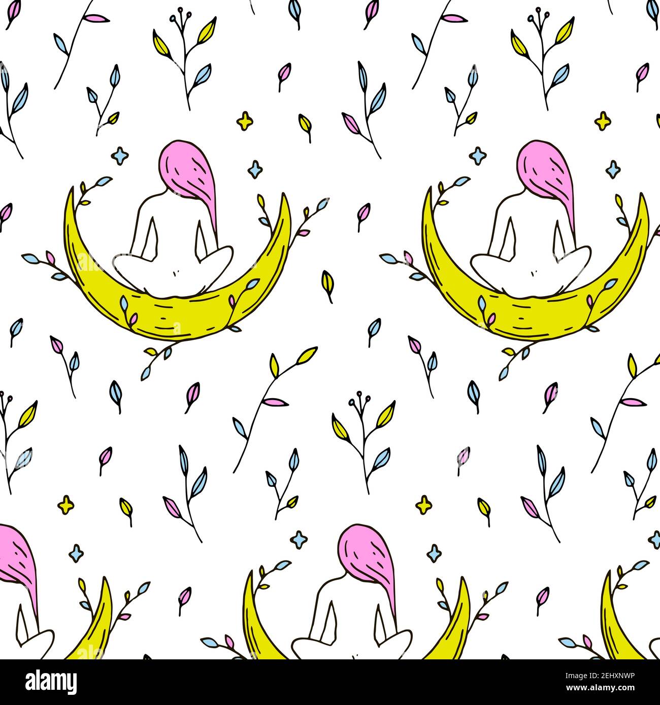 Hand drawn seamless pattern with women sitting on a half moon. Vector ...