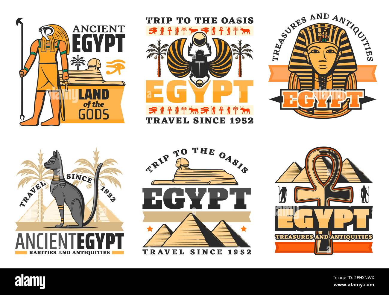 Egypt travel icons, Egyptian gods and landmarks. Vector Great pyramids ...