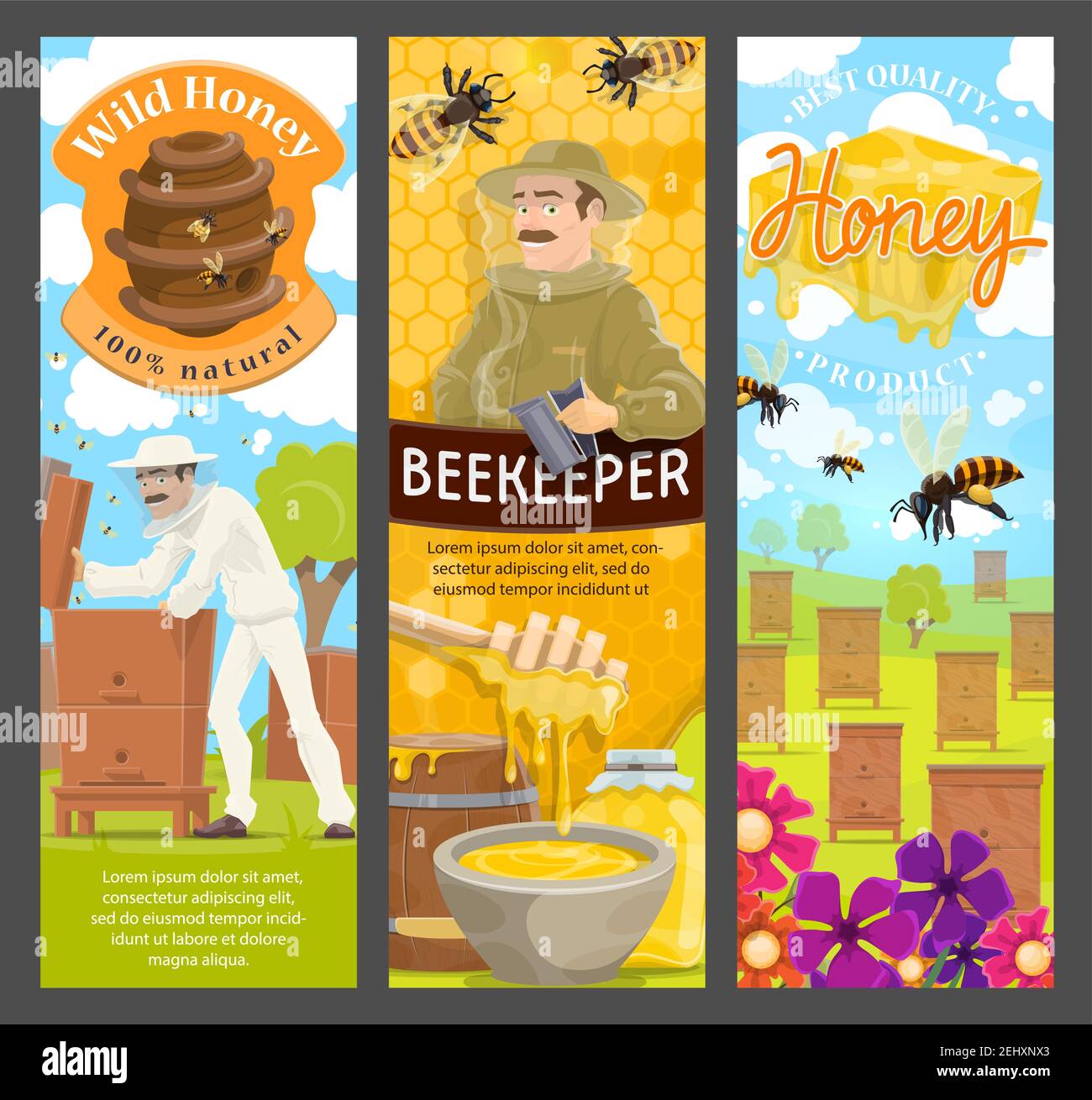 Beekeeping farm natural honey, beekeeper, bee and apiary beehive ...