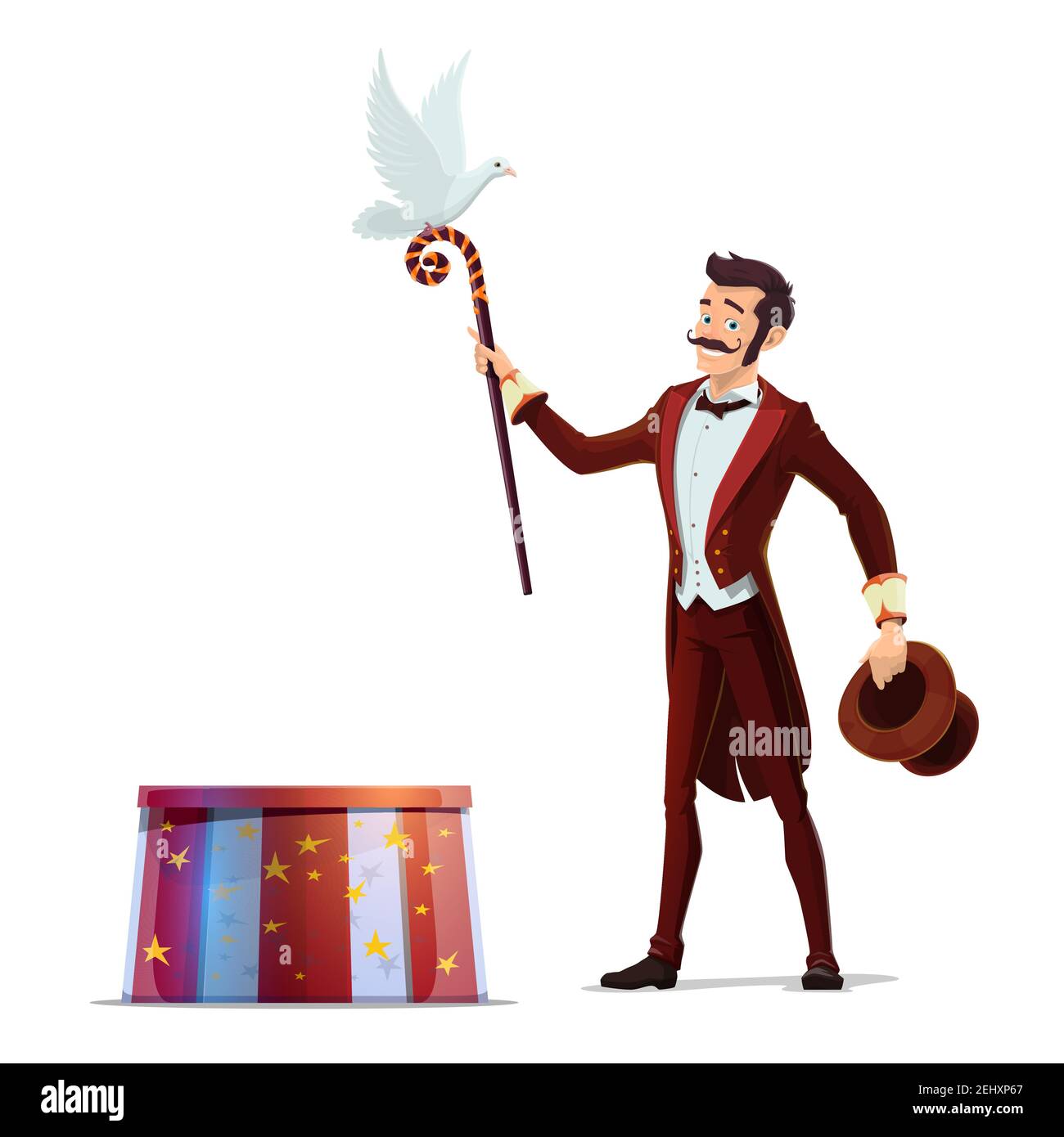 Circus magician performing tricks with top hat, magical wand and white ...