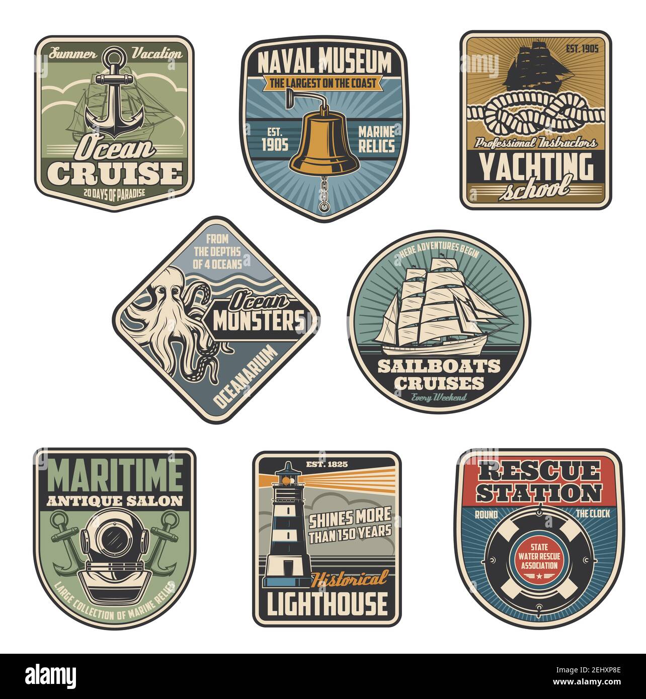 Marine icons and heraldic nautical symbols. Vector seafarer sailing ...