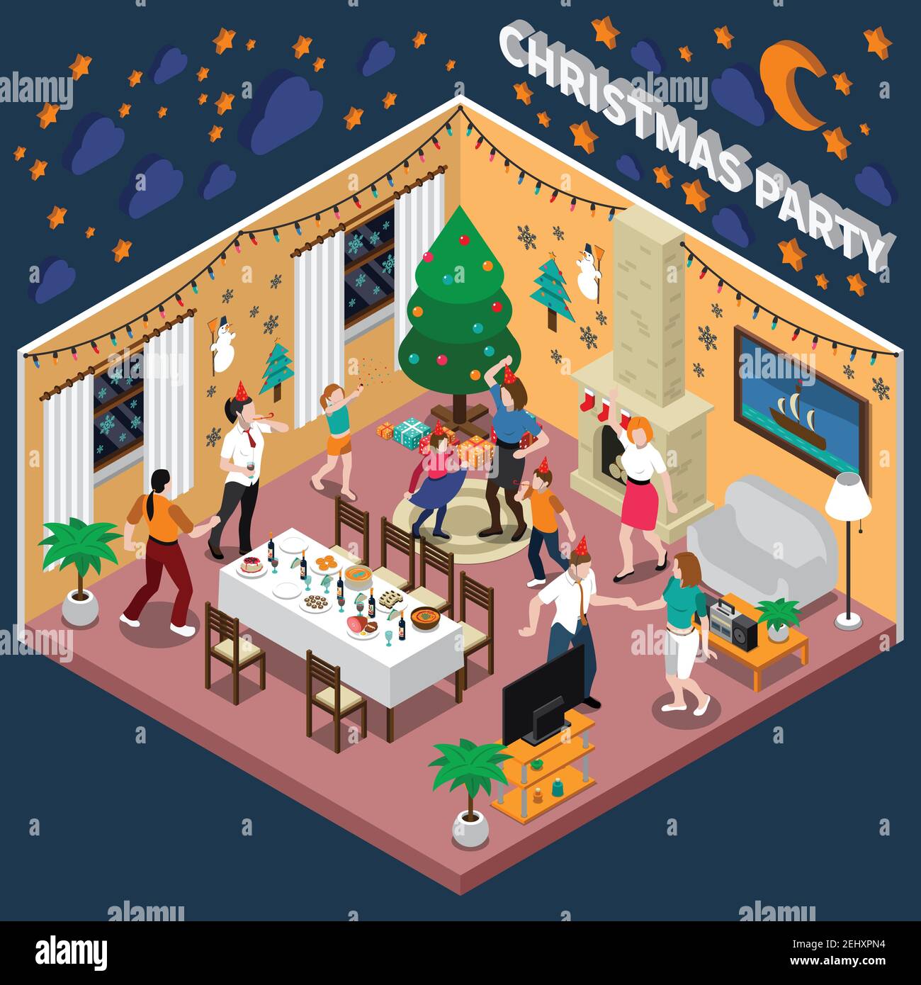 Christmas party isometric composition with dancing people, year tree ...
