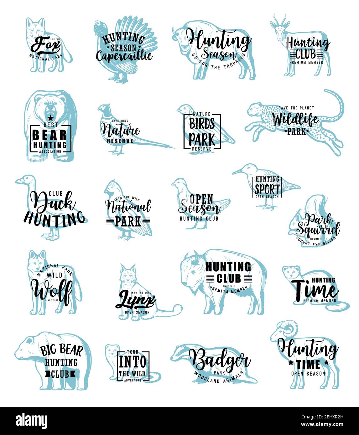 Animals or birds, hunting icons with lettering. Vector grouse and ...